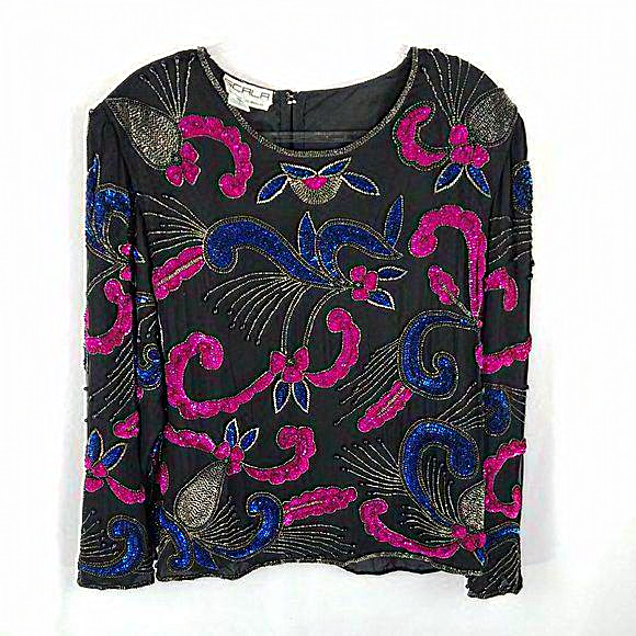 Scala | Tops | Scala Top 0 Silk Black Sequinedbeaded Vtg Xl | Poshmark